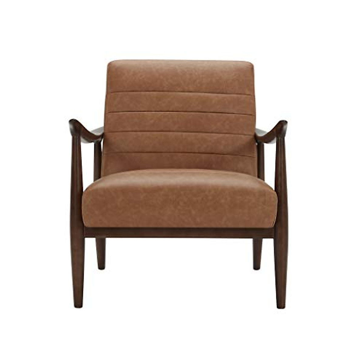 Amazon Brand – Rivet Spear Mid-Century Modern Channel Tufted Leather Accent Chair with Wood Arms, 29.1"W, Cognac Brown