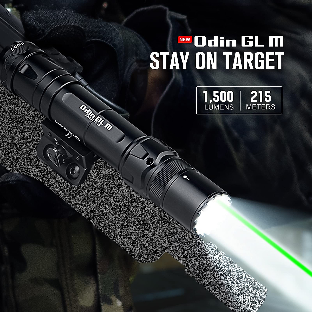 OLIGHT Odin GL M 1500 Lumens MLOK Mount Rechargeable Tactical Flashlight with Green Beam and White LED Combo, Removable Slide Rail Mount and Dual-Button Remote Pressure Switch (Black)