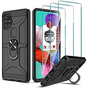 Samsung Galaxy A51 Case, Galaxy A51 5G Case with 3X Tempered Glass Screen Protector, Built-in Ring Kickstand and Magnetic Car Mount Shockproof Dropproof Military Grade Armor Rugged Case, Black