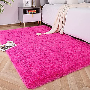 Foxmas Ultra Soft Fluffy Area Rugs for Bedroom Kids Room Plush Shaggy Nursery Rug Furry Throw Carpets for Boys Girls, College Dorm Fuzzy Rugs Living Room Home Decorate Rug, 4ft x 6ft, Hot Pink