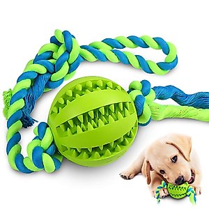 CHLEBEM Puppy Toys Interactive Dog Toys Balls for Small Medium Dogs Chew Teething Teeth Cleaning Treat Dispensing Durable Rubber Ball Dog Rope Toy for Tug of War Playing(Green)