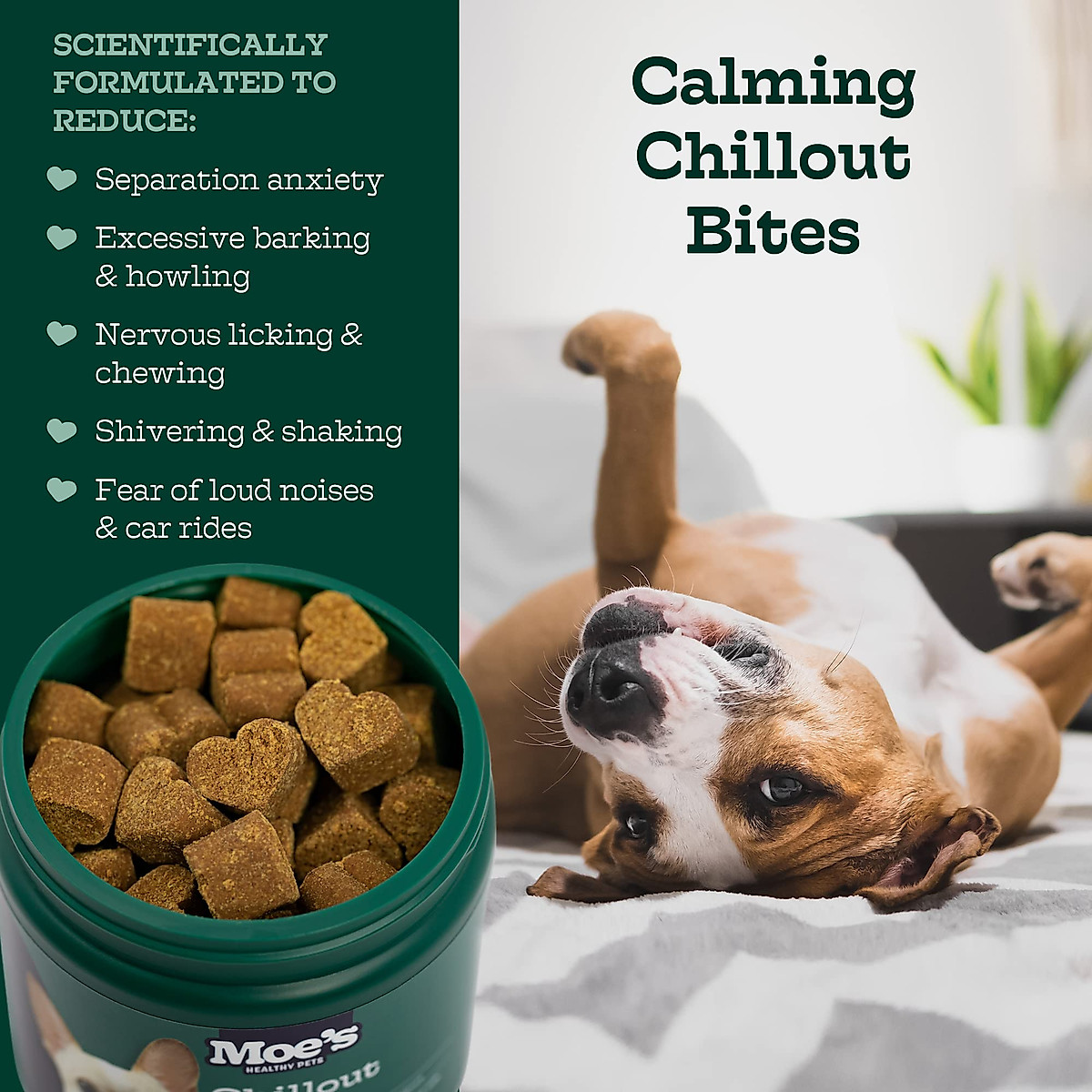 Moe’s Hemp Calming Chews for Dogs - Helps Aid with Storms, Fireworks, Chewing, Barking, Travel, Stress, Anxiety & Separation Anxiety - Tryptophan + Chamomile - Made in The USA - (Chicken)