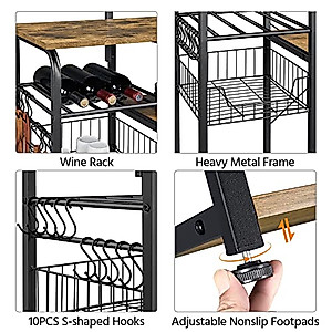 Yaheetech Kitchen Bakers Rack with Wire Basket, Microwave Stand Cart Coffee Bar with 10 S-Hooks, Kitchen Utility Storage Shelf with Wine Storage for Spices, Pots, Pans, Rustic Brown