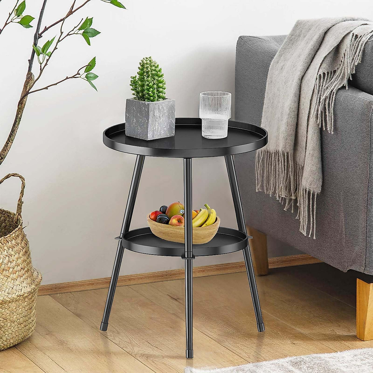Round Metal Side Table, Small End Table for Indoor Outdoor, Mid Century Modern Decor, Black