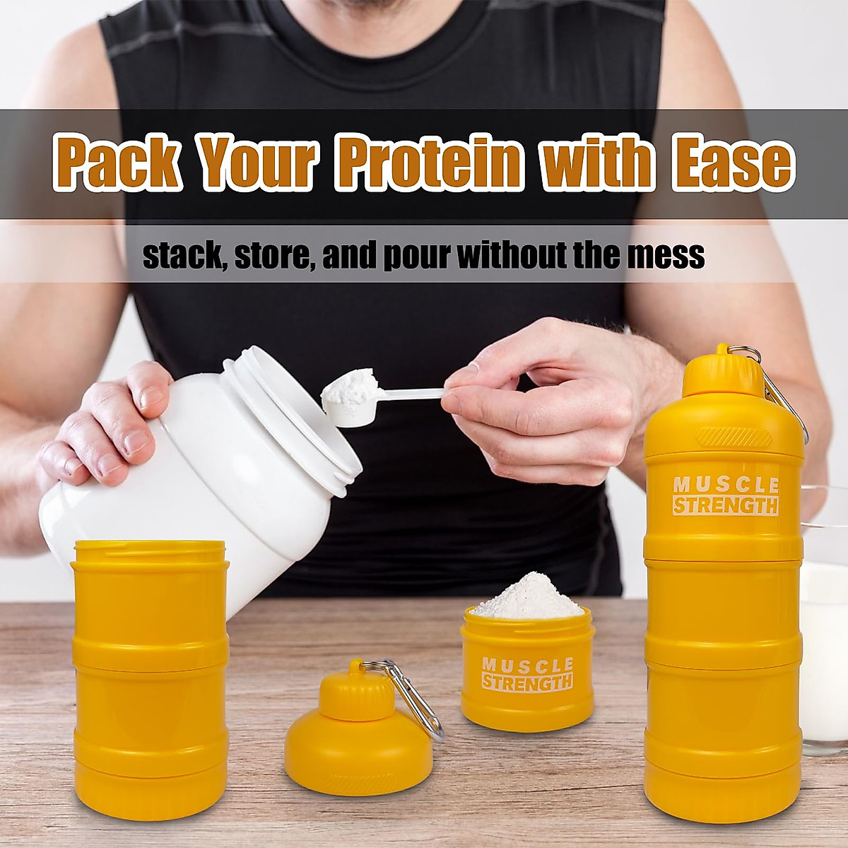 Stackable Protein Powder Travel Container with Carabiners & Funnels, Portable Protein Powder Container to Go, Protein Powder Funnel Set, Travel Protein Powder Containers for Fitness, Travel (YELLOW)