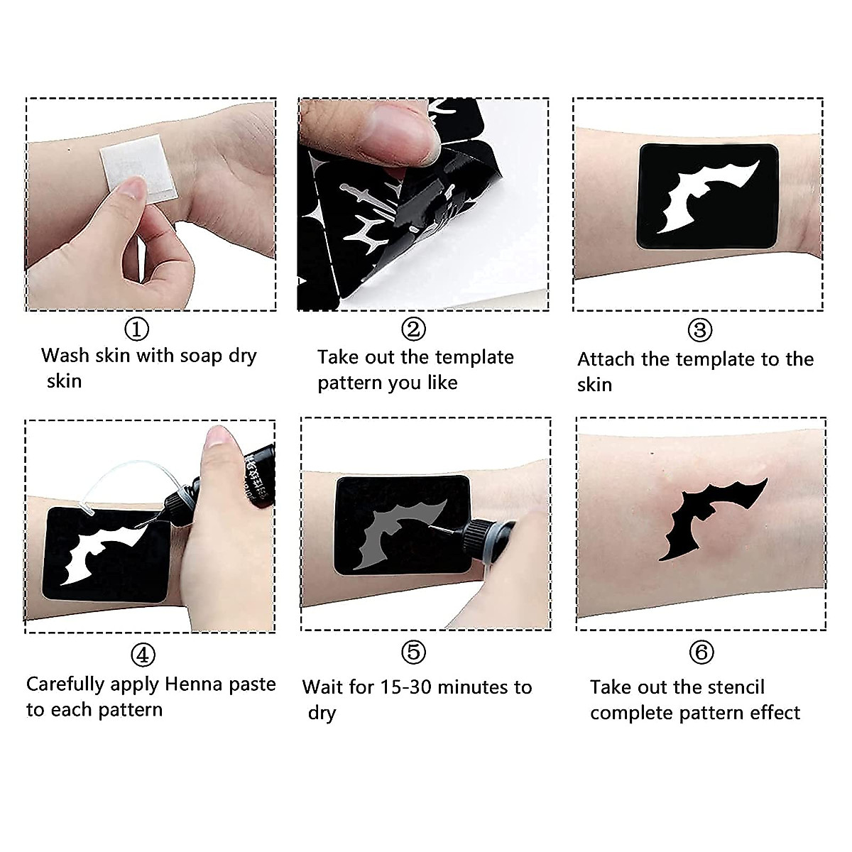 90Pcs Halloween Glitter Tattoo Stencils, Airbrush Tattoo Templates Kit Halloween Pumpkin Temporary Tattoo Stickers for Kids Drawing Template Party Props (6 Sheets)