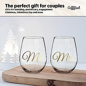Triple Gifffted Mr and Mrs Wine Glasses Couples Gifts Ideas for Wedding, Anniversary, Gift for Engagement, Bride & Groom, Newlyweds, His and Hers, Wife, Husband, Christmas Presents
