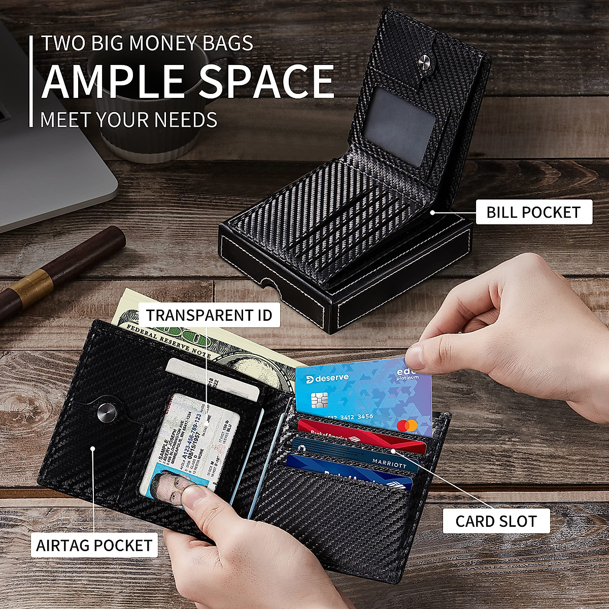 Mens Wallet for Apple AirTag, RFID Blocking Minimalist Front Pocket Air Tag Wallet, Large Bifold Mens Wallet RFID Blocking with ID Windows