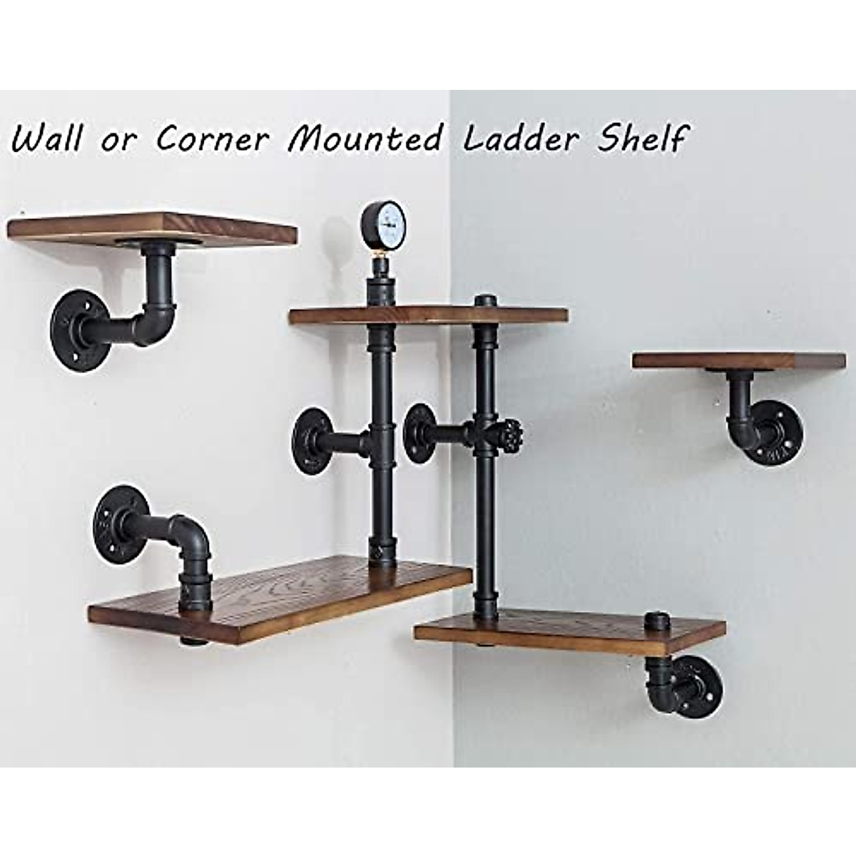 Industrial Rustic Modern Wood Ladder Pipe Wall Mounted Floating Shelves - Set of 3 Bookshelf,DIY Storage Shelving,Hung Bracket,Bookcase (Set of 3 Ladder Shelves)