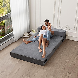 HOMFINE Folding Sofa Bed - Convertible Sleeper Chair with Pillow, Fold Out Couch, Foam Floor Mattress, Futon Couch, Lazy Sofa for Living Room/Dorm/Guest Room/Home Office, Twin, Gray