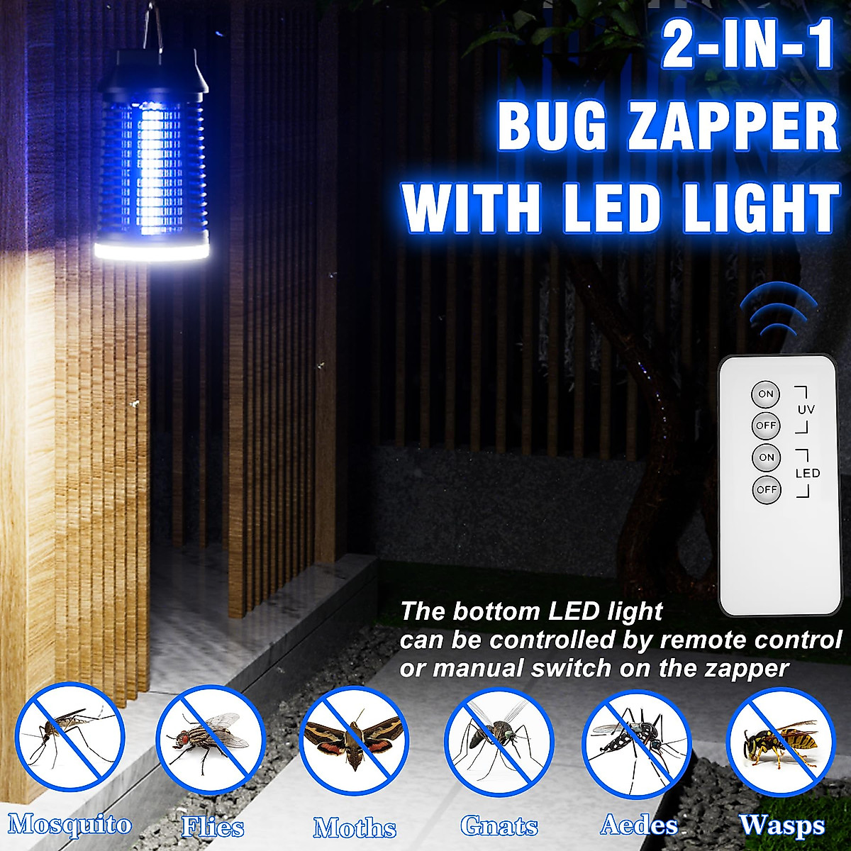 Remote Control Bug Zapper with LED Light, Waterproof Mosquito Zapper Outdoor, Electric Fly Zapper, Insect Killer & Fly Traps for Outside, Patio, Porch, Backyard, Garden