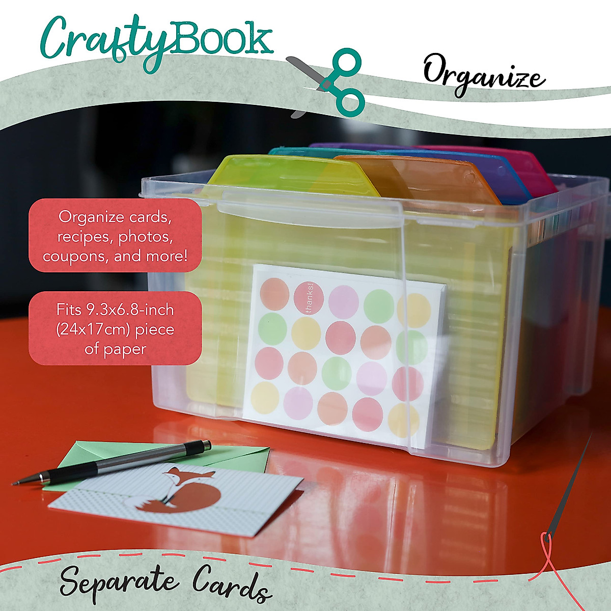 CraftyBook Greeting Card Organizer Box with Dividers - Empty Rainbow Card Keeper Envelope Storage Box for 5 x 7 Birthday and Christmas Cards - Stationery Organizer for All Occasion Note and Postcards