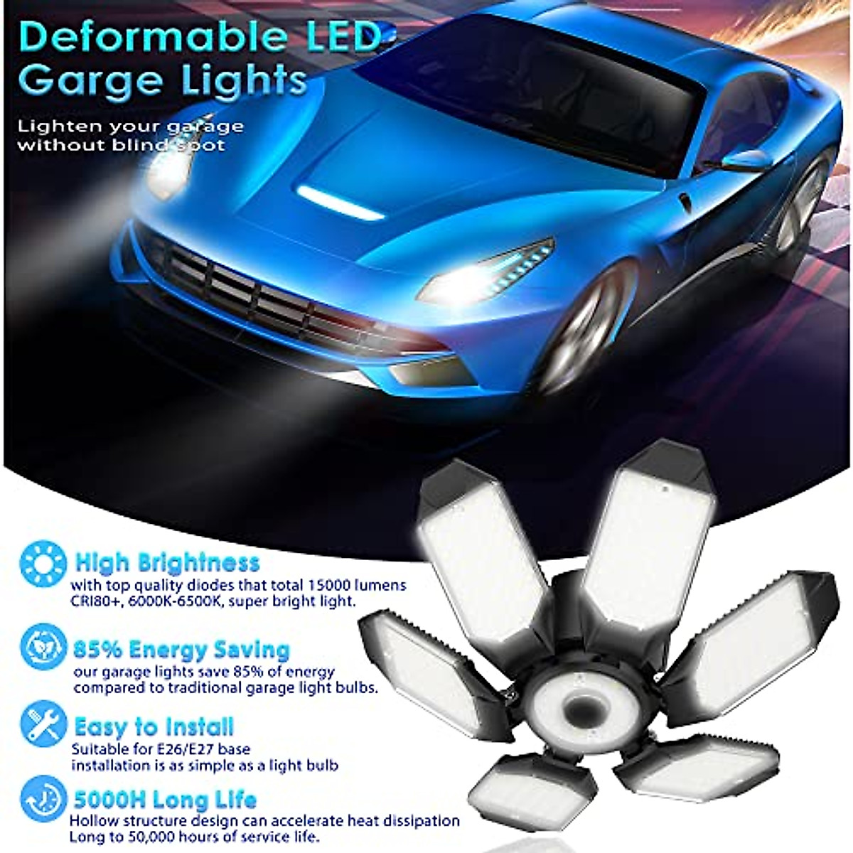 LED Garage Light Bulbs 150W 15000LM 6500k Super Bright Garage Lighting with 6 Adjustable Panels E26/E27 Screw in Deformable Garage Ceiling Light Bulbs for Garage Warehouse