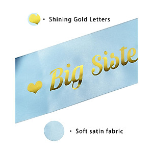 Big Sister to be Sash, Light Blue Satin with Gold Font with Heart, Best Baby Shower Decorations Gifts, Neutral Twins Children(Short Style)