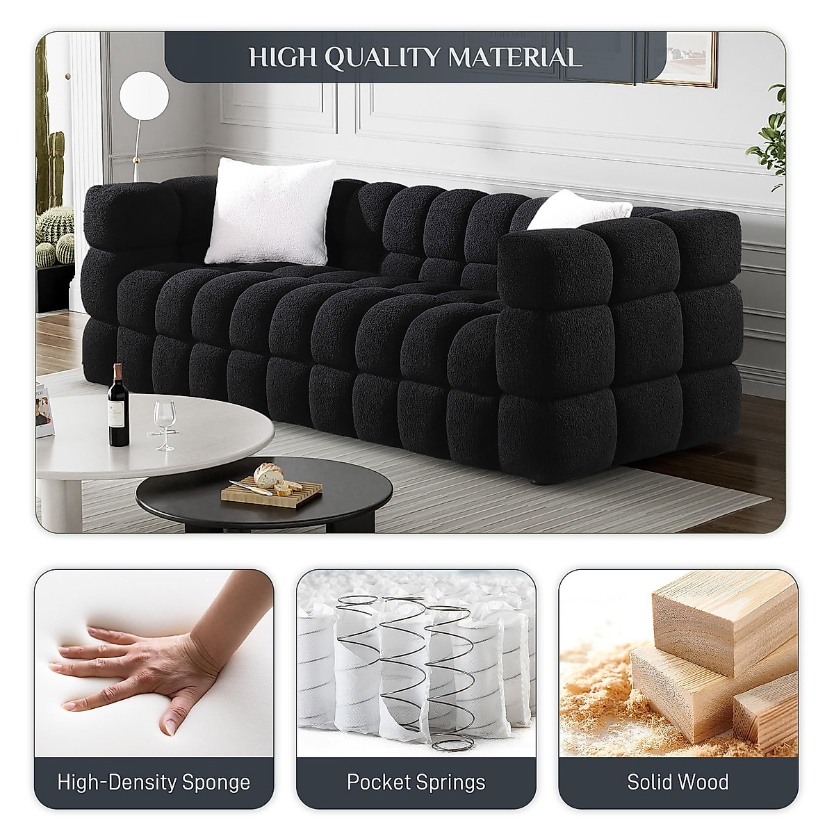 OUYESSIR 84" Modern Teddy Cloud Sofa for Living Room, Comfy Boucle Tufted 3-Seater Standard Sofa, Upholstery Decor Futon Couch with 2 Pillows for Apartment Bedroom, Black