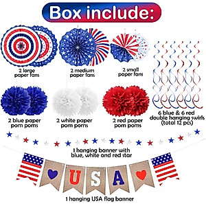 4th of July Decorations Independence Day Patriotic Decor Set - Red White Blue Paper USA Banner Flag Fans Star Streamer Pom Poms for Memorial Veterans Labor Presidents Flag Day Home Parties Accessories