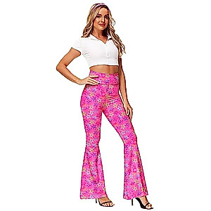 Flare Pants for Women 70s 80s Bar-bie Costume Bell Bottom Pink Disco Hippie Pants S