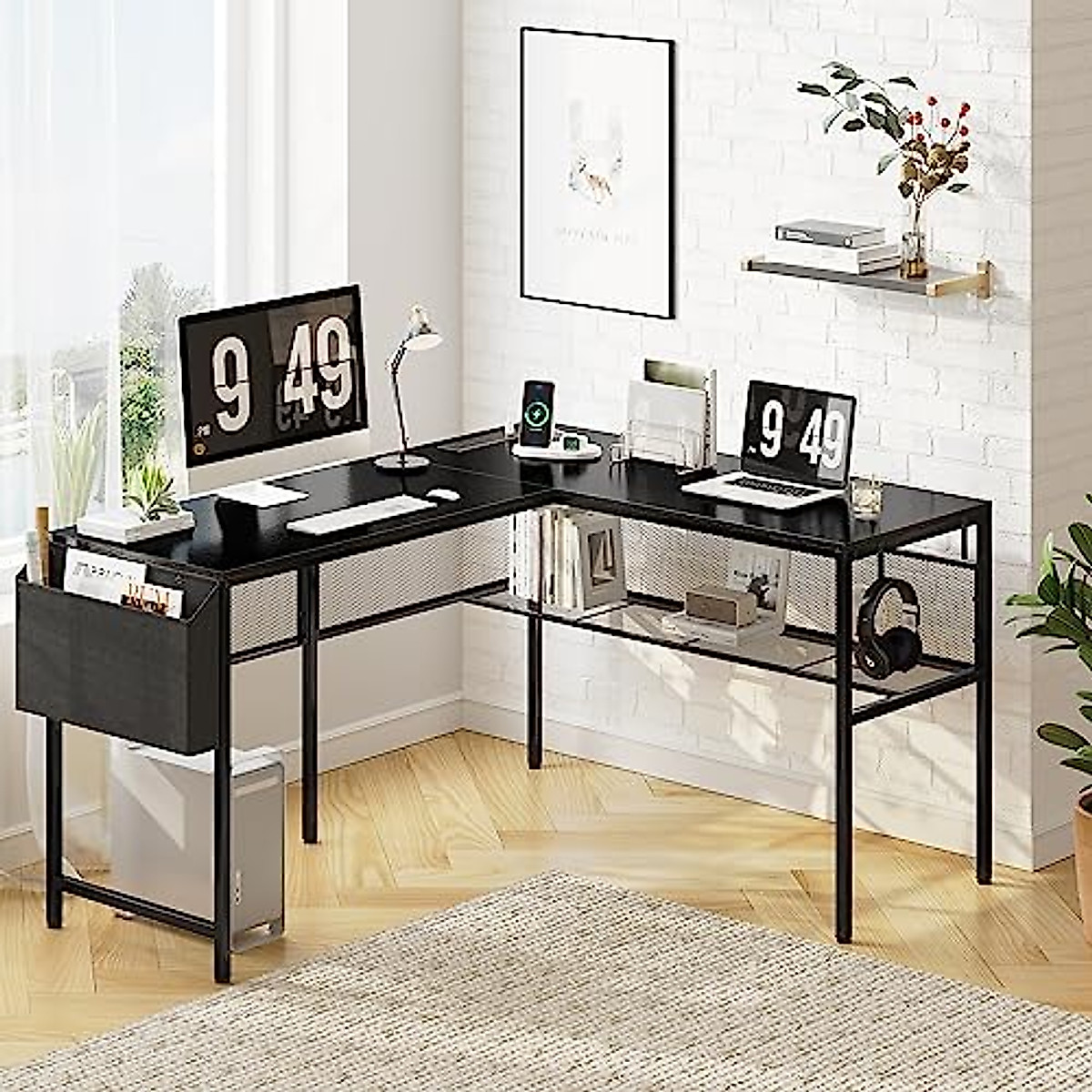 PRAISUN L Shaped Office Desk with Power Outlets, Reversible Computer Desk with Grid Bookshelf and Storage Bag, Gaming Desk, Home Office Desk Corner Desk with Hooks, Black