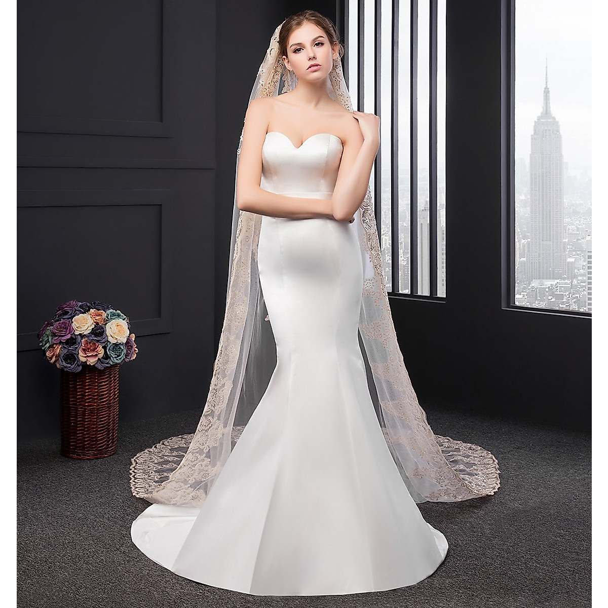 EllieHouse Cathedral Length Sequin Lace Wedding Bridal Veil for Bride Champagne