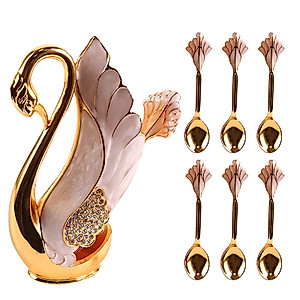 WYYXO Gold Swan Base Holder Spoons Set Elegant Swan Spoon Holder Organizer Decorative Swan Flatware for Dessert Coffee Ice Cream Cake (1 Swan Base Holder 6 Spoons)