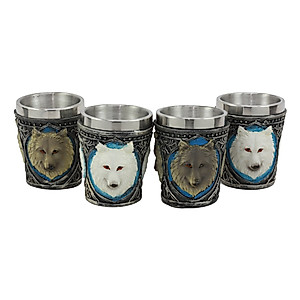 Ebros Myths Legends And Fantasy Spirit Themed 2-Ounce Shot Glasses Set Of 4 Resin Housing With Stainless Steel Liners Great Souvenir And Party Hosting Idea (Albino And Gray Wolf)