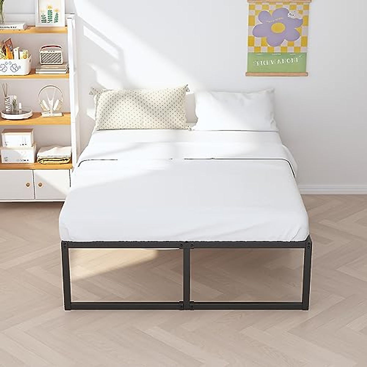 Richwanone 18 inch Full Bed Frame Metal Platform Mattress Foundation with Steel Slat Support, No Box Spring Needed, Easy Assembly, Black