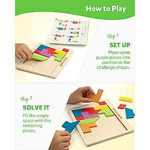 Coogam Wooden Puzzle Blocks Geometric Tangram Brain Teasers Jigsaw 3D Logic IQ Game Colorful Shape Pattern Montessori STEM Educational Toys Gift 60 Challenges for All Age