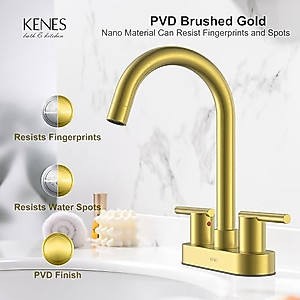 KENES Brushed Gold 4 Inch 2 Handle Centerset Bathroom Faucet, 3 Hole Gold Bathroom Sink Faucet, with Pop Up Sink Drain and Two Water Supply Lines, KE-9019-4