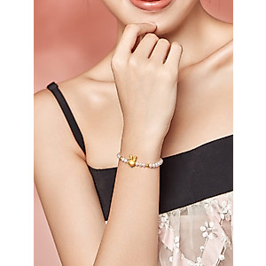 ZHOU LIU FU 24K Solid Gold Bracelets for Women, Stretchable Real Gold Rabbit Freshwater Pearl Bangle Charm Bracelets, Pure Gold White Pearls Bunny Bracelet