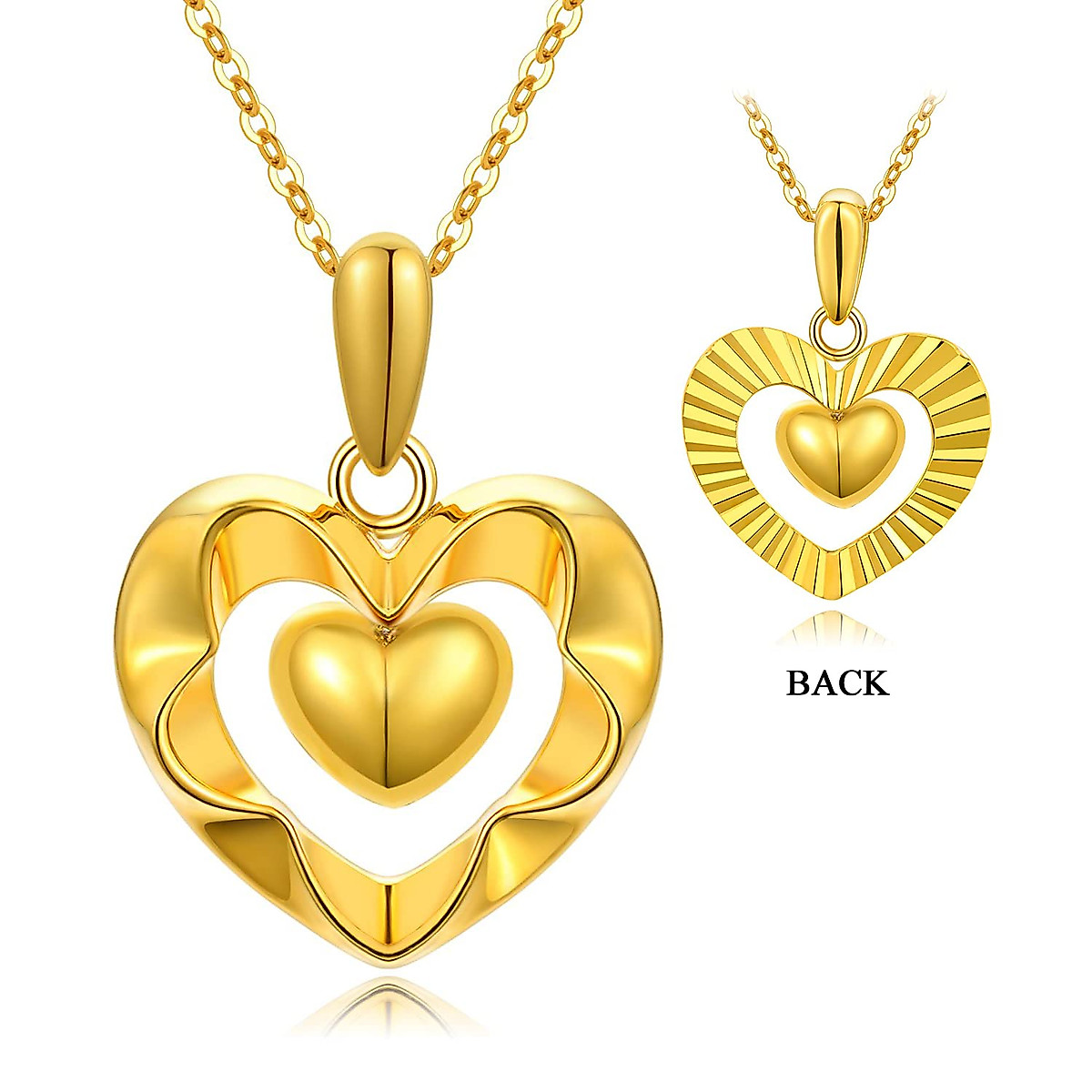 18kt Real Gold Heart Necklaces for Women, Forever Love You Gold Luster Love Hearts Pendant Anniversary Jewelry Gifts for Her, Mom, Wife, 18 Inch