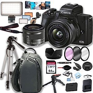 Canon EOS M50 Mark II Mirrorless Digital Camera with 15-45mm Lens + 64GB Memory + LED Video Light + Canon Sling Case + Steady Grip Pod + Tripod + Filters + Software + More (34pc Bundle)