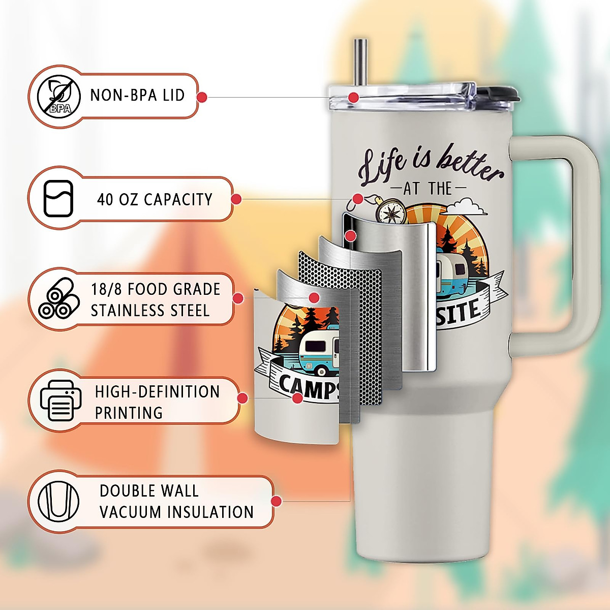 Uibunoo Gift Idea for Campers, Life Is Better at the Campsite Tumbler with Handle, 40 Oz Stainless Steel Camp Tumbler, Camper Gifts for Campers Women Men, Camping Lovers, Camp Gift for Birthday