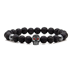 Nsitbbuery Fashion Crystal Eye Skull Bracelet 8MM Lava Rock Bead Bracelet