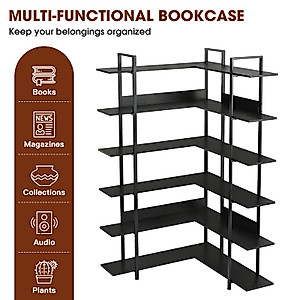 Tejomi Modern 6-Tier Corner Bookshelf, 74.8" Industrial L-Shaped Corner Bookcase with Metal Frame and Open Storage, Free Standing Storage Rack Display Rack for Living Room, Office, Hallway - Black