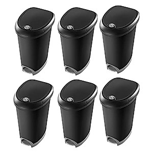 Sterilite 12.6 Gallon Hands Free Home Kitchen Wastebasket Trashcan with Locking Lid and Step On Pedal, Black, 6 Pack