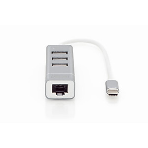 DIGITUS USB Type-C 2.0 Hub - with Fast Ethernet LAN Adapter - 3X USB-A Ports 480 Mbps - 1x RJ45 Port 100 Mbps - Plug & Play - Silver