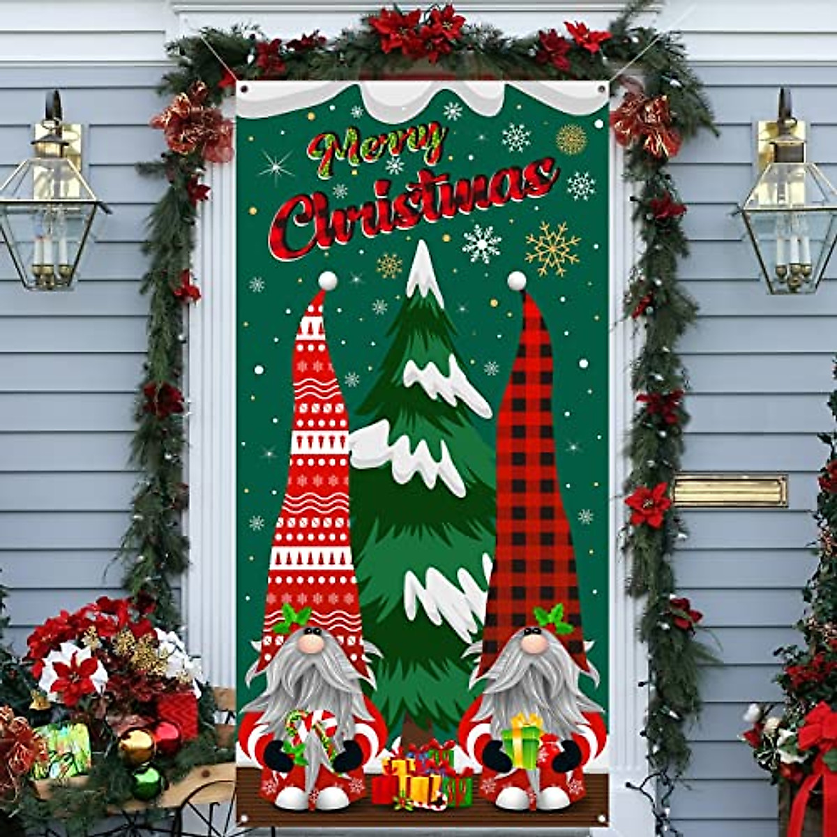 Gnome Christmas Door Cover Christmas Door Decorations Gnome Christmas Backdrop Hanging Front Door Background Merry Christmas Banner Xmas Eve Holiday Party Decor Supplies