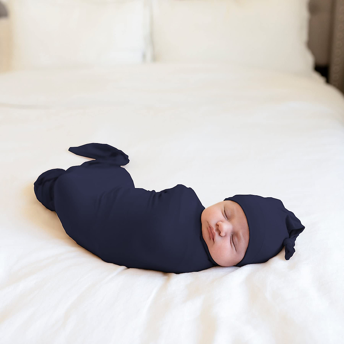 Bayceen Large Jersey Knitted Swaddle Blanket for Baby, Soft Stretchy Receiving Blanket for Newborns with Hat, Large 47 x 47 inches (Navy)