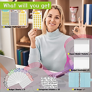 Antner Budget Binder with Zipper Cash Envelopes and Expense Sheets for Money Saving Binder, Savings Challenges to Save $500, 1,000, 10,000, A6 Budget Planner Book Money Organizer for Cash, Mint Blue