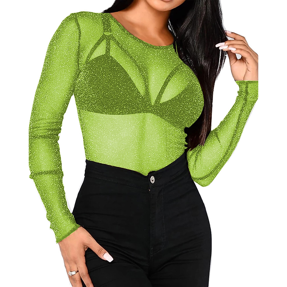 BelleLovin Women's Sheer Mesh Tops Long Sleeve Glitter Sexy Tops See Through Blouses (Neon Green, Small)
