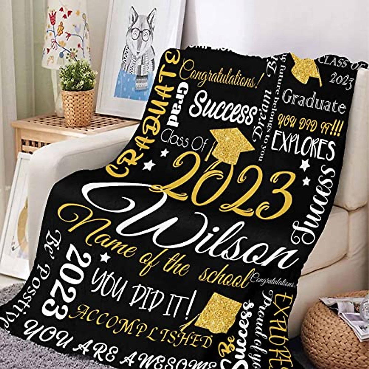 Artsadd Custom Graduation Blankets with Text Personalized Class of 2023 Graduation Blankets Customized Flannel Throw Blanket Gifts for Graduation Birthday 50"x60"