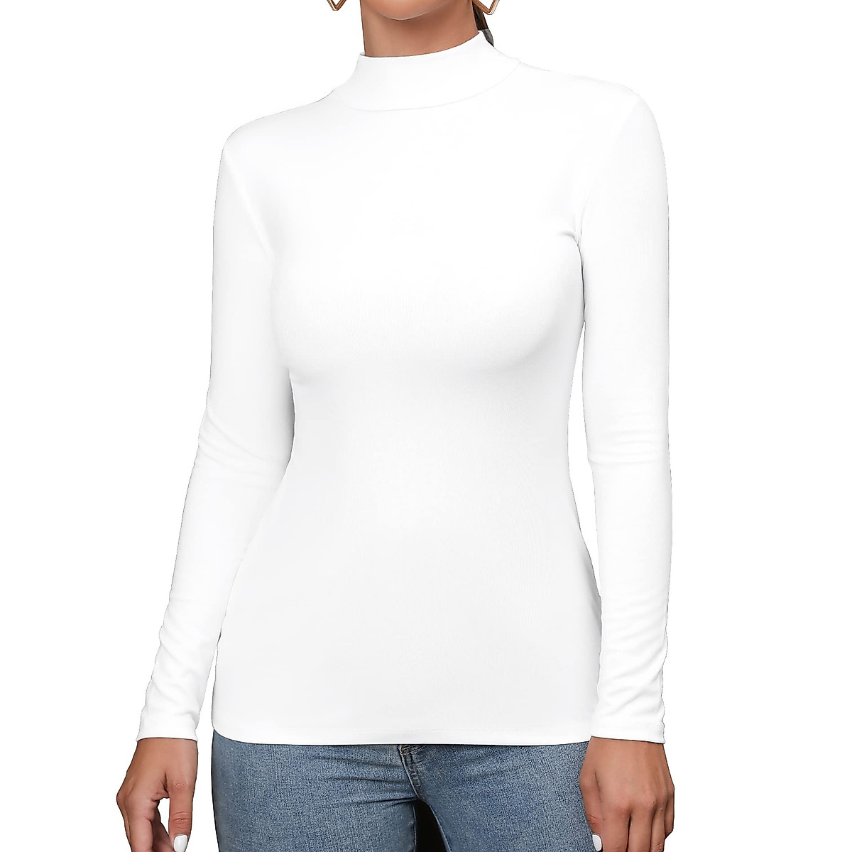 FOUGEDE Women's Mock Turtleneck Long Sleeve/Sleeveless/Half Sleeve/Short Sleeve/Crop Top Basic Fitted Stretch Slim Tops White