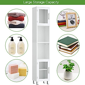Tangkula Tall Bathroom Cabinet, Home Living Room Wood Storage Cabinet Free Standing w/ 4 Shelves and 2 Glass-Paneled Doors Suitable Tall Bathroom Cabinet