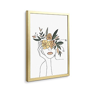 GXOBOCX Canvas Wall Art Abstract Woman Holding Face Flower on Head Illustration Modern Art Minimalist Wall Art for Living Room Bathroom Decor (Gold Framed, 12x16 inches)