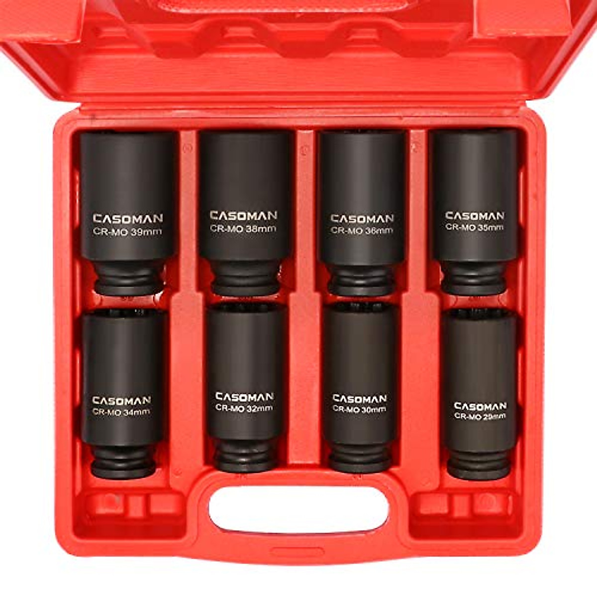 CASOMAN 1/2-Inch Drive Deep Spindle Axle Nut Impact Socket Set,12 Point, Metric, CR-MO, 29,30 32 34 35,36,38,39mm 8 Piece 1/2" Heavy Duty Impact Socket Set