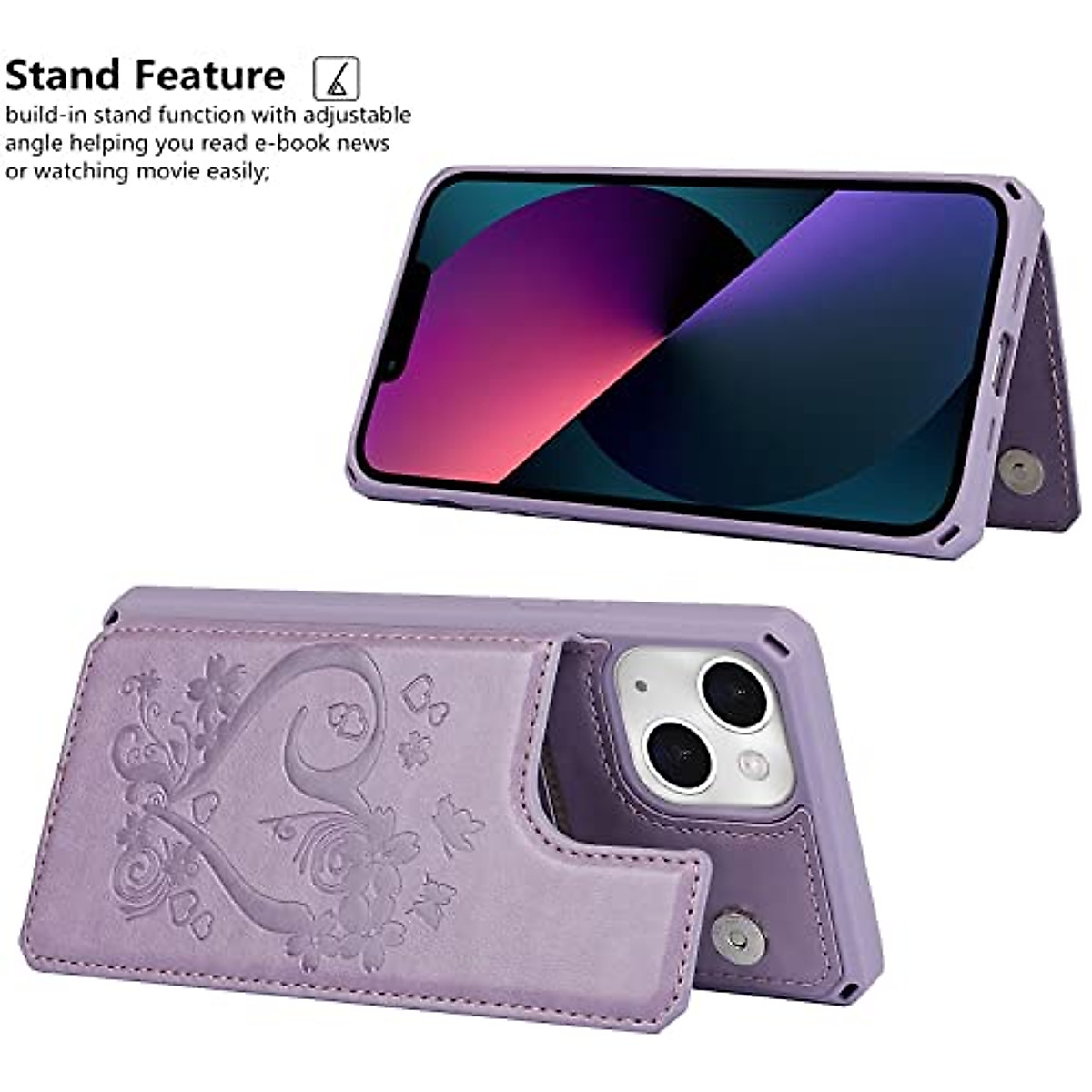 iCoverCase for iPhone 13 Wallet Case with Card Slots Holder Kickstand [RFID Blocking] Embossed Leather Magnetic Shockproof Cover with Wrist Strap (Heart Purple), Purple