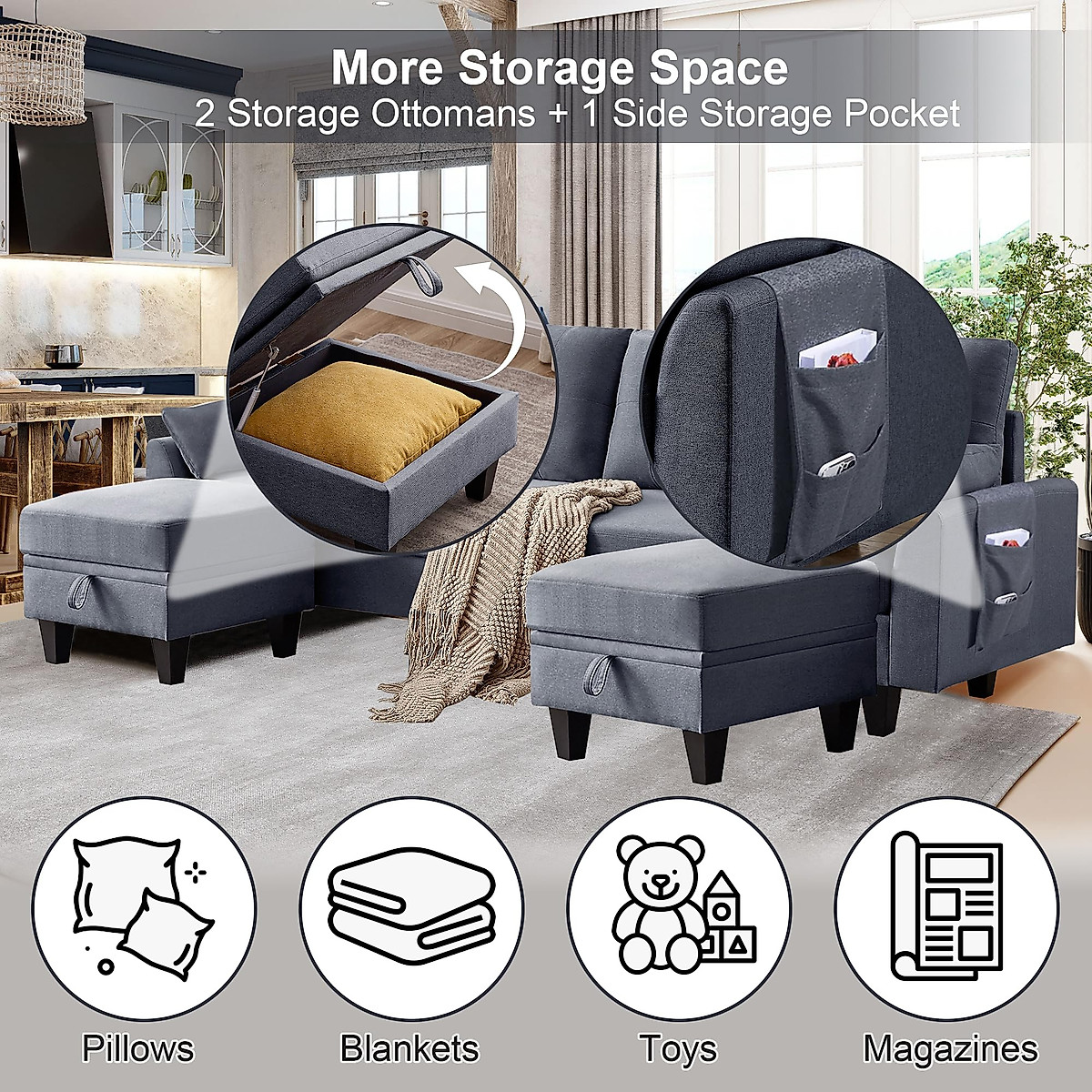 Jarenie Modern U Shaped Sectional Sofa, 101” Couch with Storage Easy to Assemble, Memory Foam Couch with Wood Frame & 100% Polyester, Lounge Sofa with Ottoman