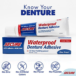 Secure Waterproof Denture Adhesive - Zinc Free - Extra Strong Hold For Upper, Lower or Partials - 1.4 oz (Pack of 4)