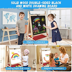 Easel for Kids Including 100+ Accessories - White Board for Kids and Black Board Double Sided Adjustable Wooden Kids Easel with 1 Drawing Paper Roll Wooden Magnetic Drawing Board for Kids