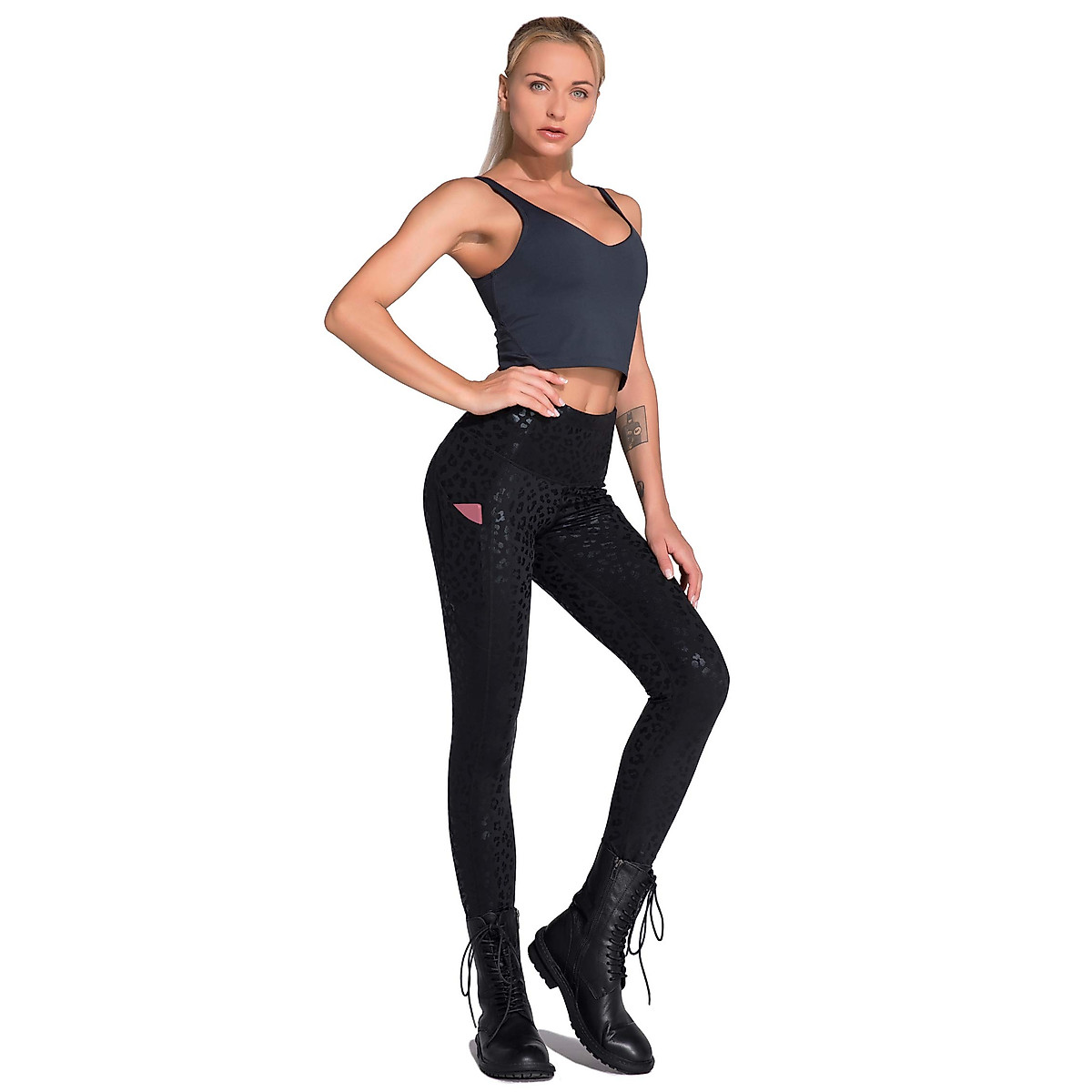 Dragon Fit High Waist Yoga Leggings with 3 Pockets,Tummy Control Workout Running 4 Way Stretch Yoga Pants (Medium, Black Leopard)